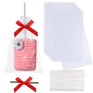 50pcs 3½x6 inch clear rice krispie treat bags cakesicle bags with gold twist tie ribbon stick cookie bags for gift giving bags(include 50pcs of bags,gold twist tie,ribbon,stick)