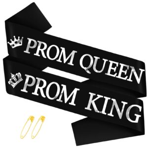 skjiayee 2 pack prom king and prom queen sashes, black prom sash with silver foil letter decorations for graduation party school party bachelorette party wedding bridal shower party supplies