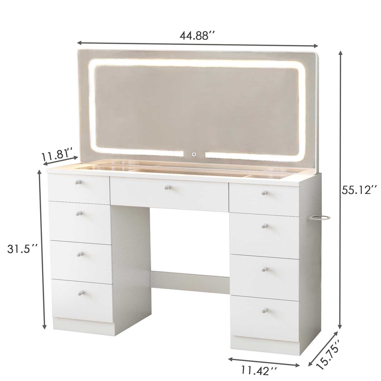 Bvldfamly Makeup Furniture with Power Outlet & LED Lights, Glass Top Makeup with Multiple Storage Space, 3 Lighting Modes Adjustable Brightness for Dressing Room, White