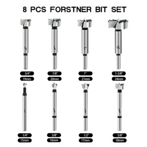 GMTOOLS Forstner Bit Set, 8PCS Forstner Drill Bits for Wood, Carbide Forstner Bit for Woodworking, Auger Opener Round Shank Drilling Cutting Tool for Hardwood, Softwood, Plastic, Plywood