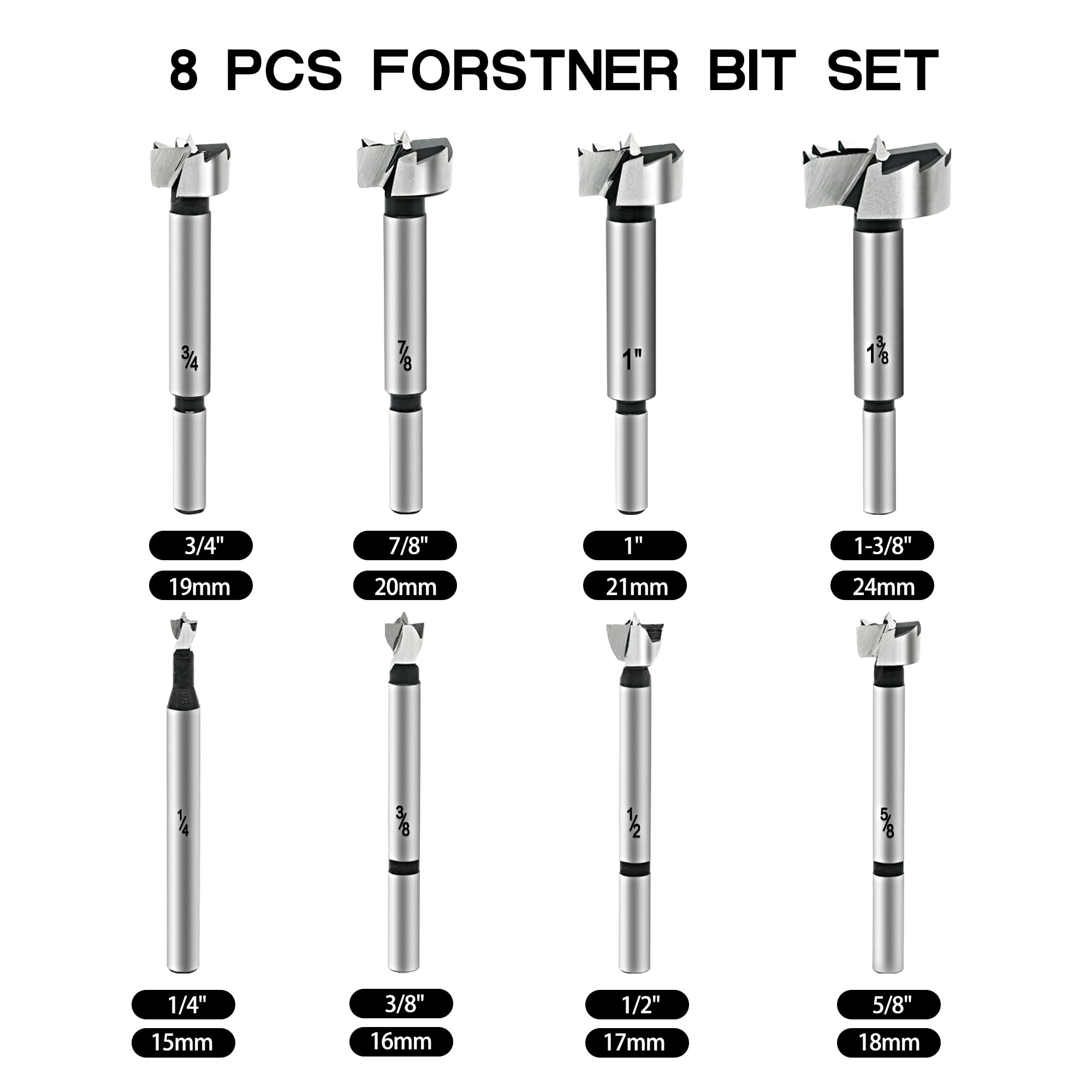 GMTOOLS Forstner Bit Set, 8PCS Forstner Drill Bits for Wood, Carbide Forstner Bit for Woodworking, Auger Opener Round Shank Drilling Cutting Tool for Hardwood, Softwood, Plastic, Plywood