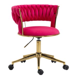 allnifurv home office chair with hand woven, velvet upholstered desk chair with open back, 360° swivel & height adjustable task chair, ergonomic office chair with gold base (rose red)