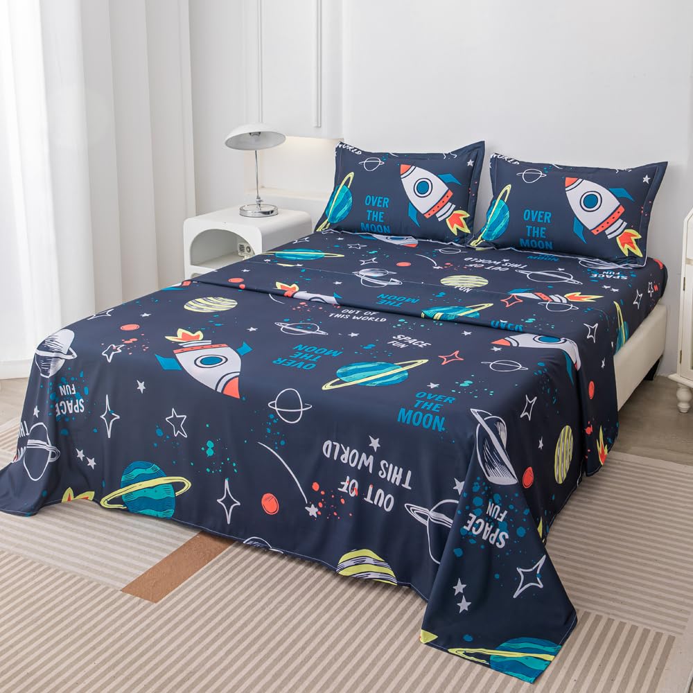 Megamayga Space Sheets Twin Size for Boys Kids 4 Pieces Outer Space Bed Sheets 3D Space Rocket Planets Bedding Set for Teens Boys Space Theme Bedding Set with 1 Fitted Sheet 1 Flat Sheet 2 Pillowcases