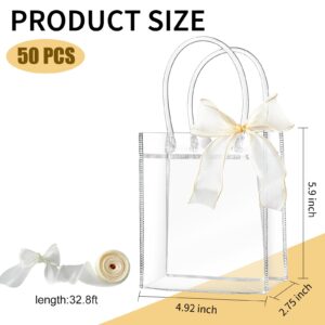 CLUEWR 50 Pack Clear Gift Bags with Handles, Reusable PVC Plastic Bags with Ribbons Transparent Party Favor Bags Gift Wrap Bags, 5.9 x 4.92 x 2.75 Inches