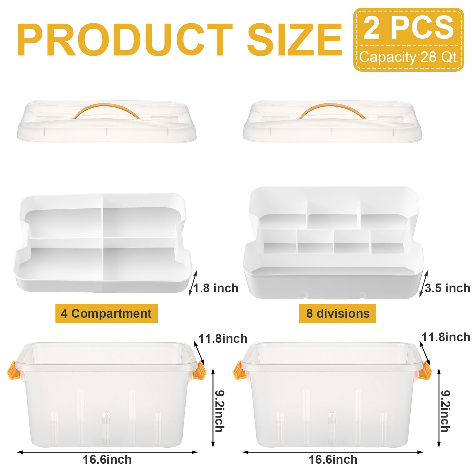 RimCereal 2 Pcs 28 Qt Storage Box with Removable Tray Clear Plastic Storage Container with Lid for Seasonal Decor Office Art Craft Sewing Utility Box(Single Layered)