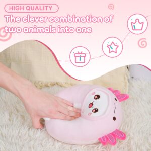 Mikchocho Cute Plush Axolotl Cat Stuffed Animal Pillow, 8" Soft Kawaii Kitten Plushie with Pink Axolotl Salamander Outfit Gift for Kids