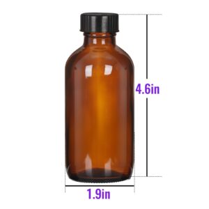 6 Pack 4 oz Amber Glass Boston Bottles, Round Tinture Bottles with Black Caps for Essential Oil, Perfume, Homemade Vanilla Extract and Liquid