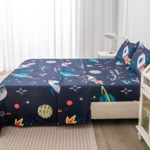 Megamayga Space Sheets Twin Size for Boys Kids 4 Pieces Outer Space Bed Sheets 3D Space Rocket Planets Bedding Set for Teens Boys Space Theme Bedding Set with 1 Fitted Sheet 1 Flat Sheet 2 Pillowcases