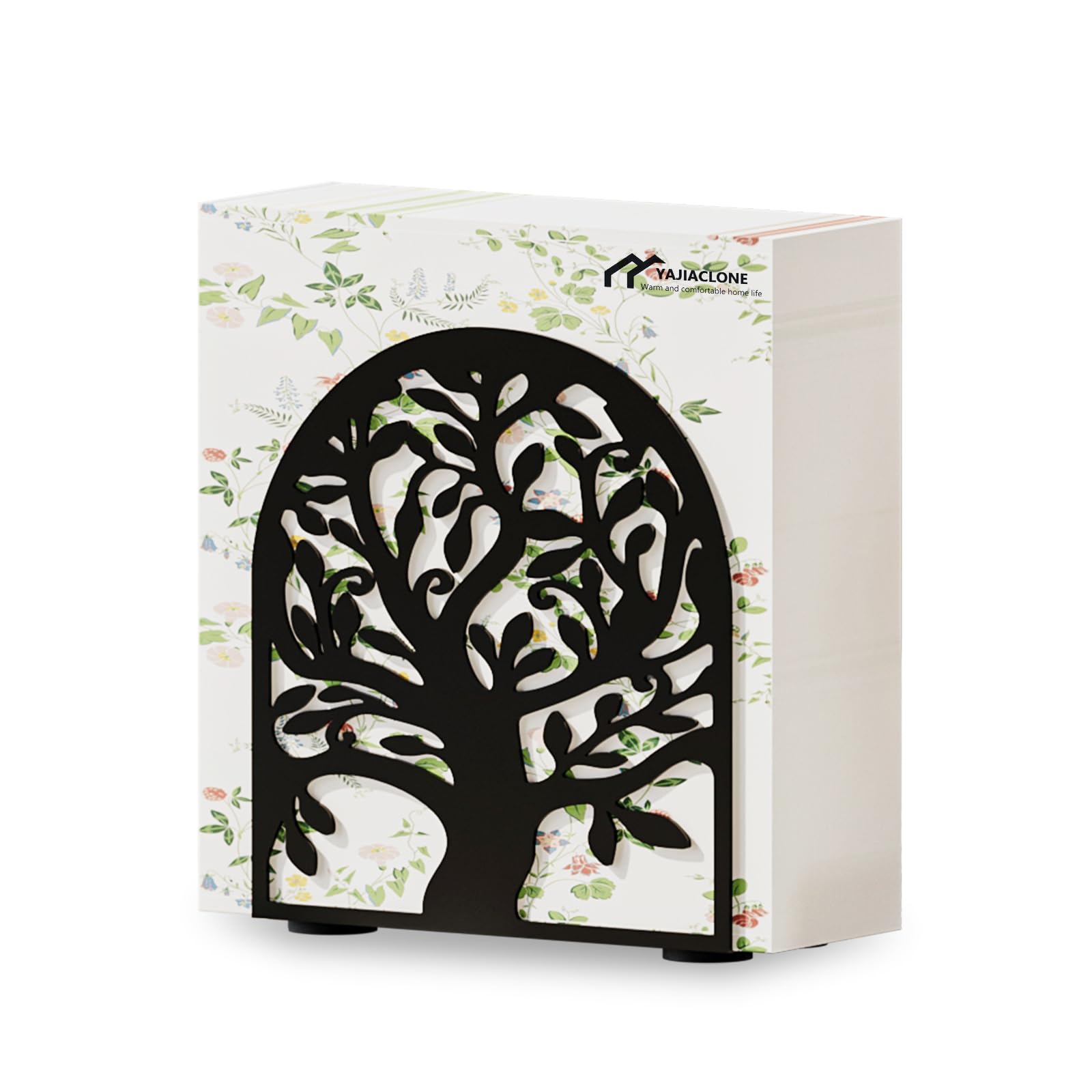 YAJIACLONE Tree of Life Black Metal Napkin Holder for Table-Stocking Stuffers for Adults Women,Napkin Holders for Paper Napkins with Sturdy & Quality Material, Cushioned Base, Large Storage Capacity.