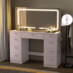 Bvldfamly Makeup Furniture with Power Outlet & LED Lights, Glass Top Makeup with Multiple Storage Space, 3 Lighting Modes Adjustable Brightness for Dressing Room, White