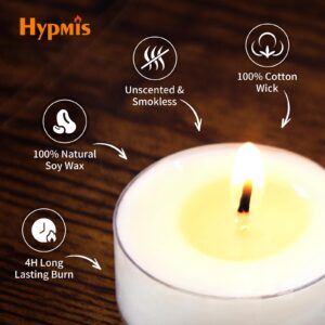 Hypmis Natural Soy Tea Lights Candles 50 Pack Bulk 4 Hours Long Burning Soy Tea Lights Non-Paraffin UnScented & Burn Clean, Mini Clear Cup Tealights Candles for Wax Melt Warm Coffee Power Outages