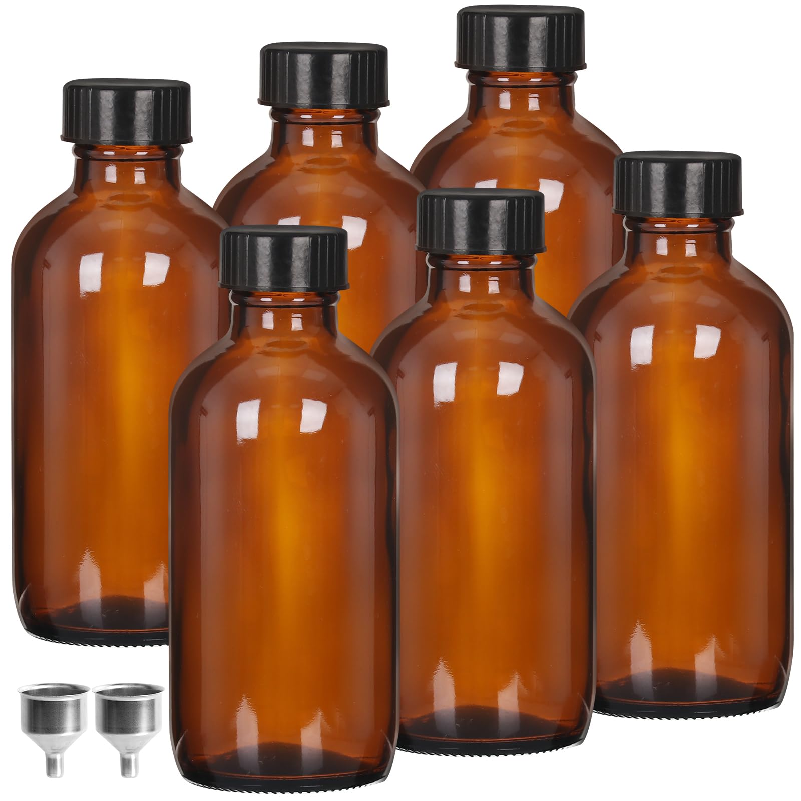 6 Pack 4 oz Amber Glass Boston Bottles, Round Tinture Bottles with Black Caps for Essential Oil, Perfume, Homemade Vanilla Extract and Liquid