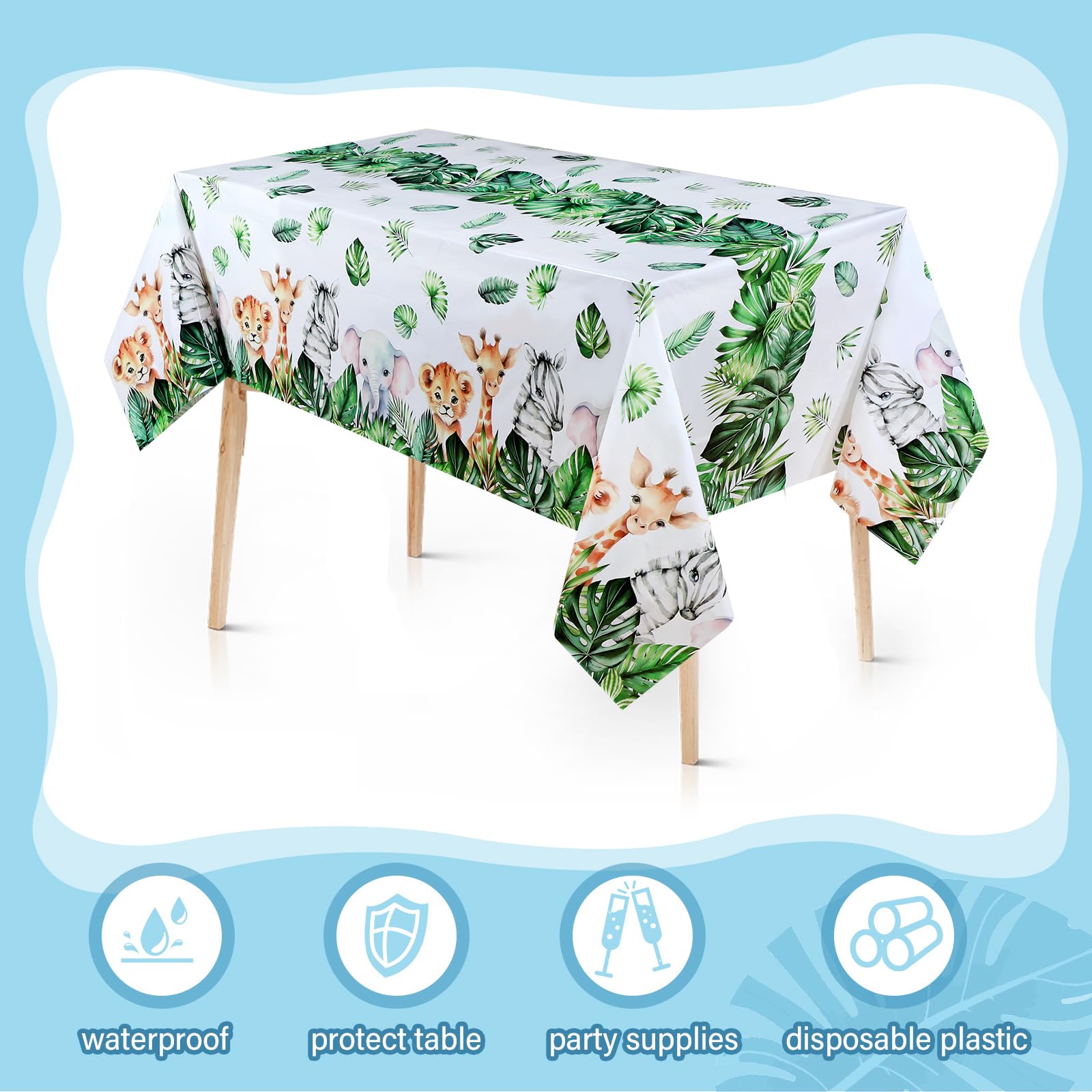 Irenare 3 Pieces Jungle Safari Tablecloths Wild Animals Plastic Table Cover Hawaiian Luau Table Cloths for Tropical Baby Shower Zoo Birthday Party Supplies, 54 x 108 Inch