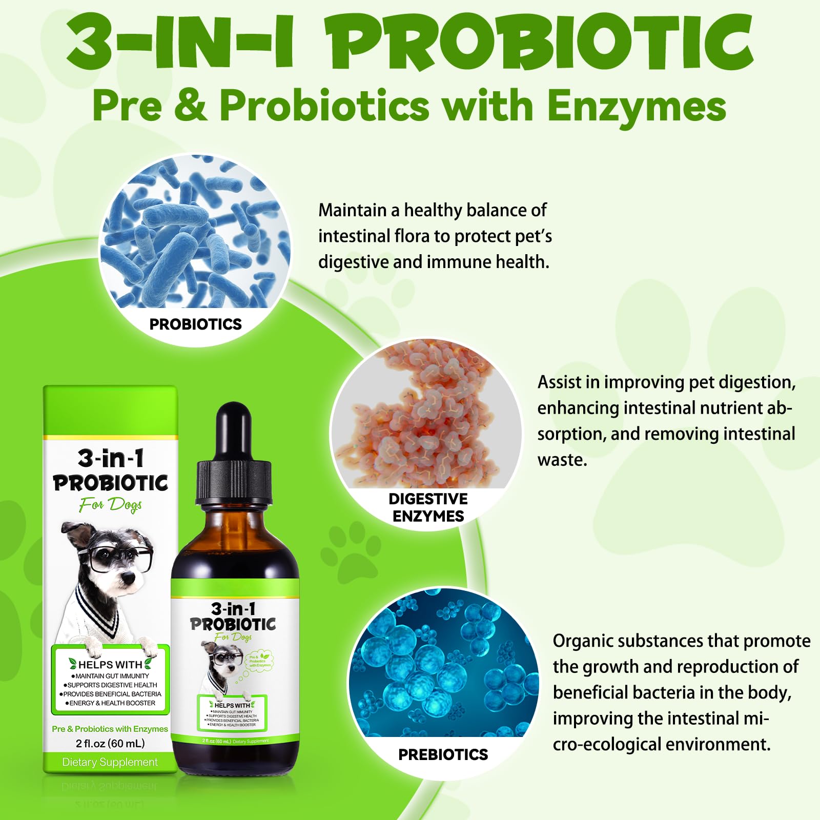 Probiotics for Dogs，3-in-1 Dog Probiotics，Dog Probiotics for Digestive Support, Dog Probiotic Supplements，Pet Probiotics for Dogs， Liquid Probiotics for Dogs | 2 Oz