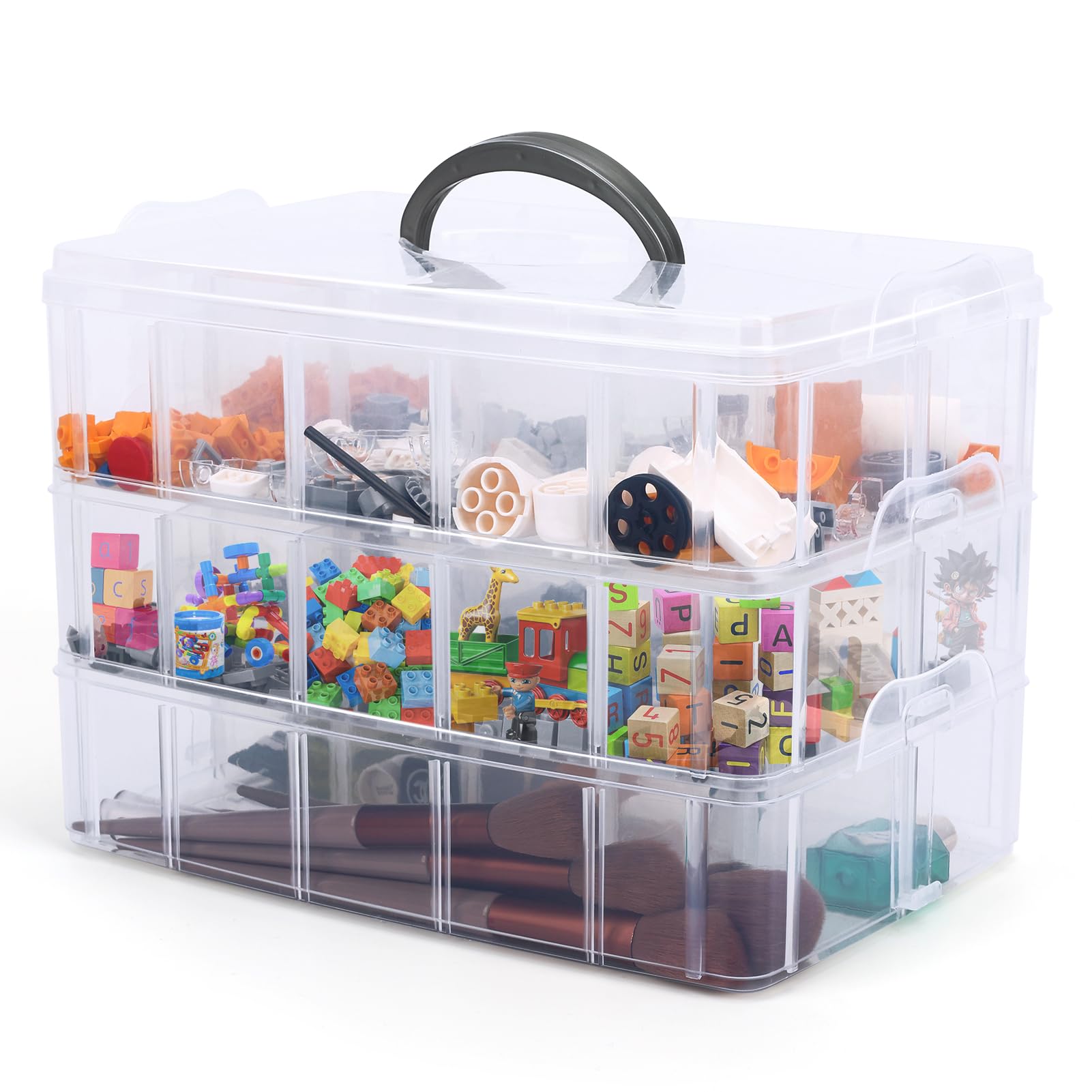 GoodSing 3-Tier Craft Storage Container Stackable Craft Storage Boxes Clear Organizer Box with Dividers Art Supplies Organizing Stationery Sewing Storage Box, Medium (10.23x 6.69x 7.09in)