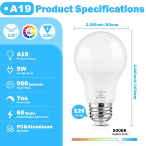 Maylaywood A19 LED Light Bulbs Dimmable, 60W Equivalent LED Bulbs, 5000K Daylight White, E26 Standard Base, 900LM, 9W Bright White LED Bulb, 4-Pack