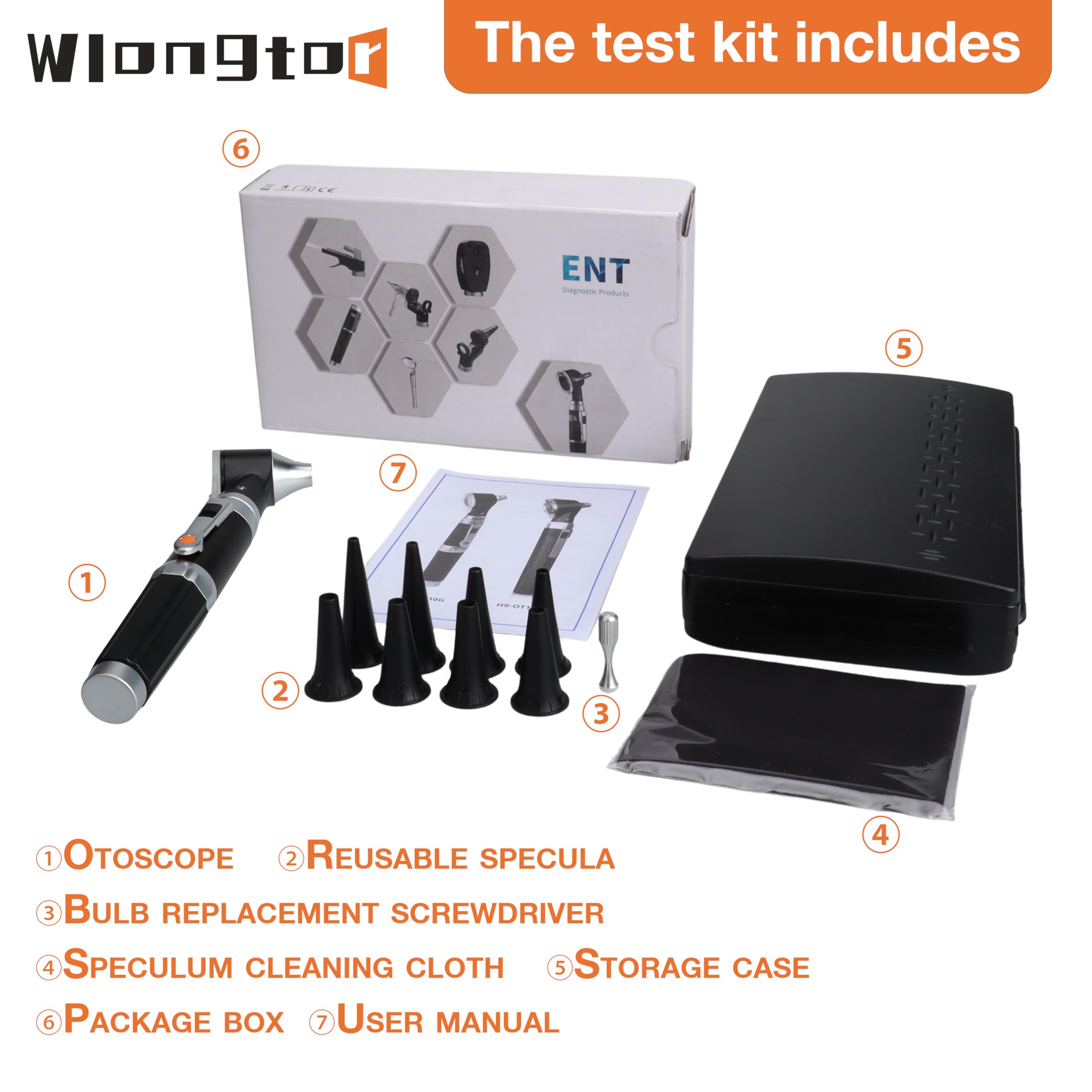 Wlongtor Otoscope Kit - Professional Diagnostic Ear Care Tool with 3.0V LED Bulb, 3X Magnification, 4 Speculum tip Sizes, Diagnostic Ear Care Tool for Children, Adults, Pets (HS-10OG(Black))