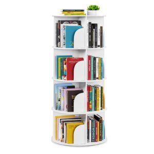 spaceaid 4 tier rotating bookshelf tower, spinning bookcase lazy susan, revolving 360 book shelf storage round carousel, vertical rotate turning spiral corner organizer, white