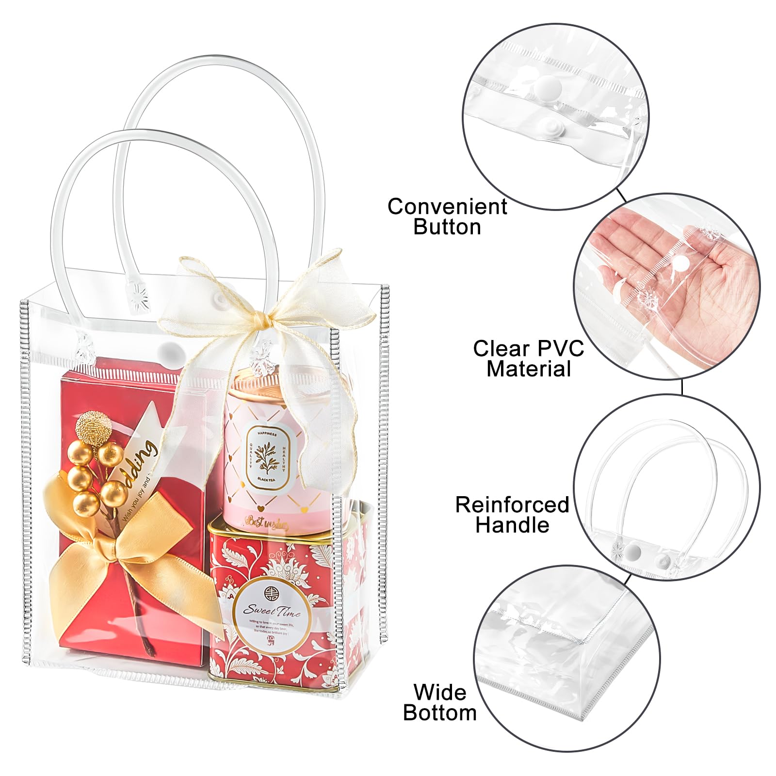 CLUEWR 50 Pack Clear Gift Bags with Handles, Reusable PVC Plastic Bags with Ribbons Transparent Party Favor Bags Gift Wrap Bags, 5.9 x 4.92 x 2.75 Inches