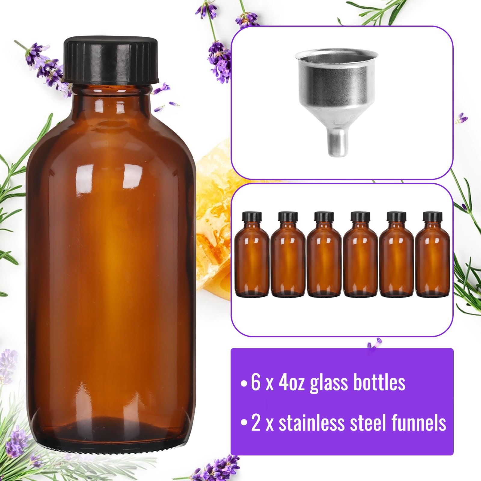 6 Pack 4 oz Amber Glass Boston Bottles, Round Tinture Bottles with Black Caps for Essential Oil, Perfume, Homemade Vanilla Extract and Liquid