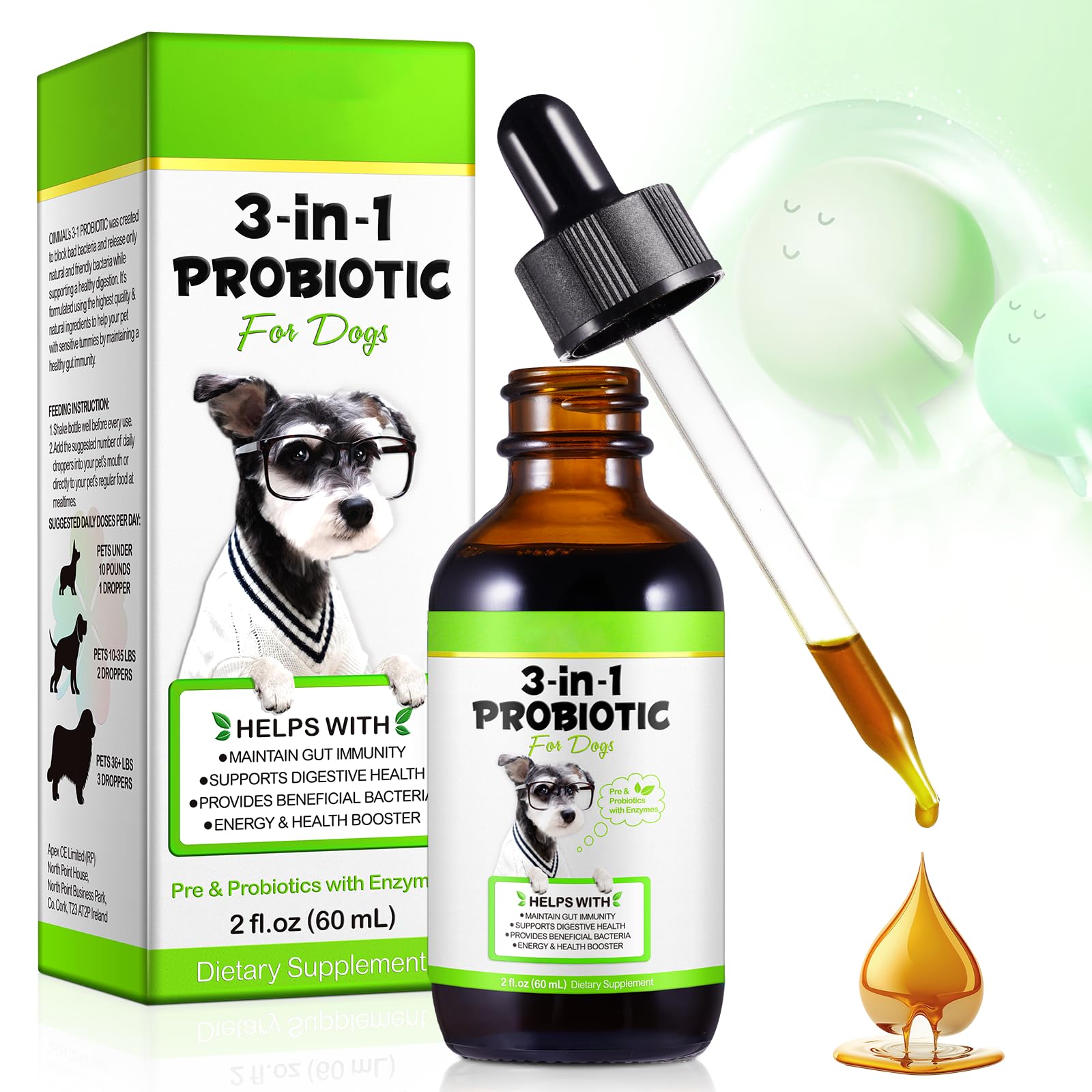 Probiotics for Dogs，3-in-1 Dog Probiotics，Dog Probiotics for Digestive Support, Dog Probiotic Supplements，Pet Probiotics for Dogs， Liquid Probiotics for Dogs | 2 Oz