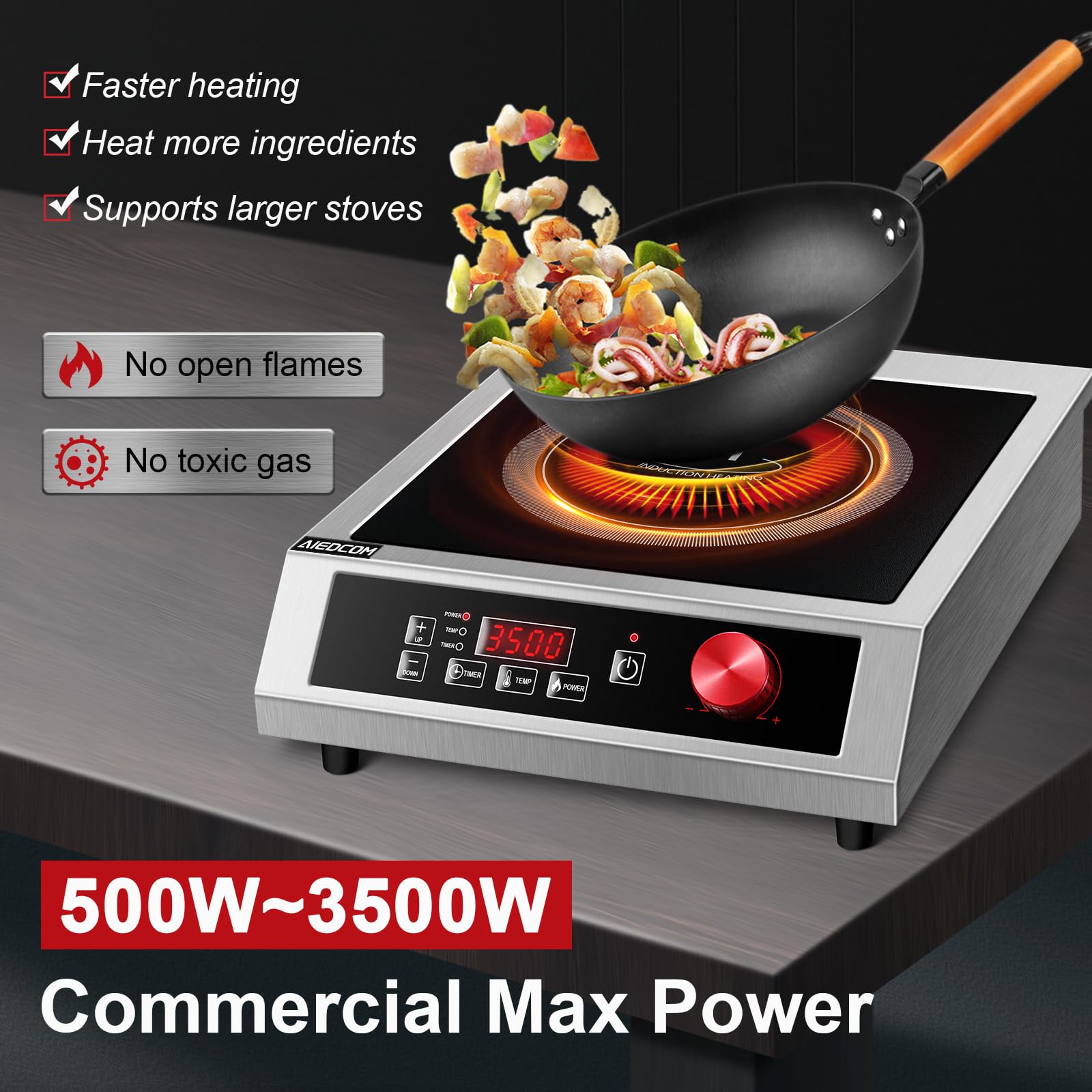 AiedCom 3500W 220V~240V Commercial Induction Cooktop, Powerful Electric Induction Burner, Countertop Electric Stove with Digital Sensor, Touch/Knob Control