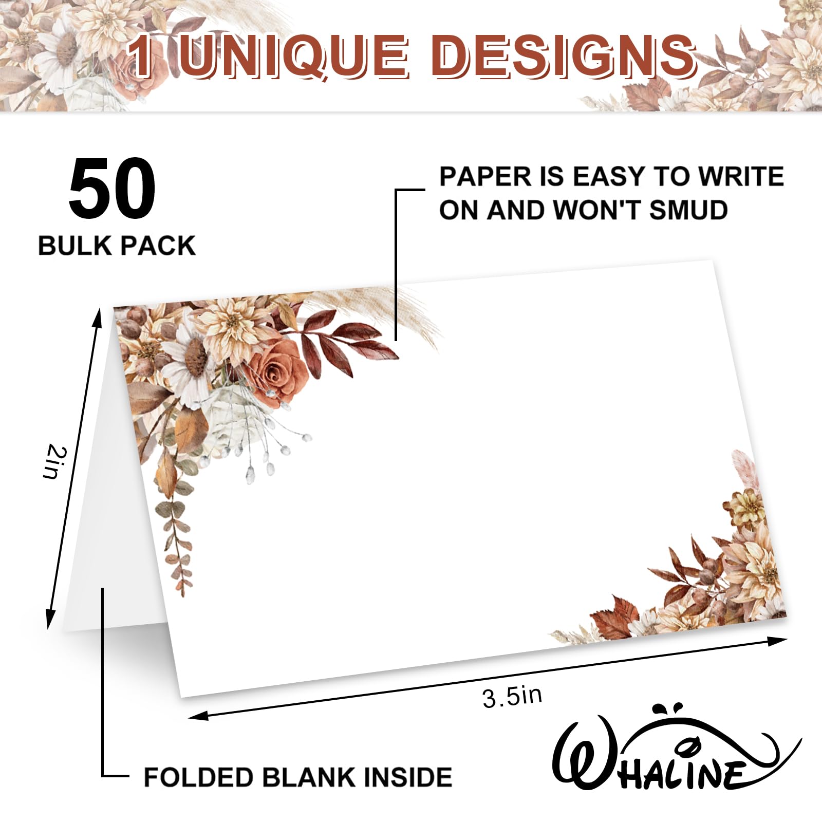 Whaline 50Pcs Floral Place Cards 2 x 3.5 Inch Retro Boho Flower Tented Cards Vintage Seating Cards for Wedding Bridal Baby Shower Birthday Banquet and Special Events