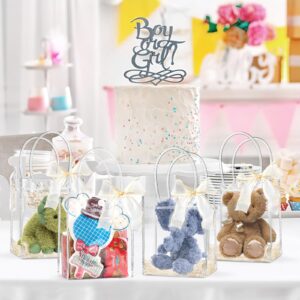 CLUEWR 50 Pack Clear Gift Bags with Handles, Reusable PVC Plastic Bags with Ribbons Transparent Party Favor Bags Gift Wrap Bags, 5.9 x 4.92 x 2.75 Inches