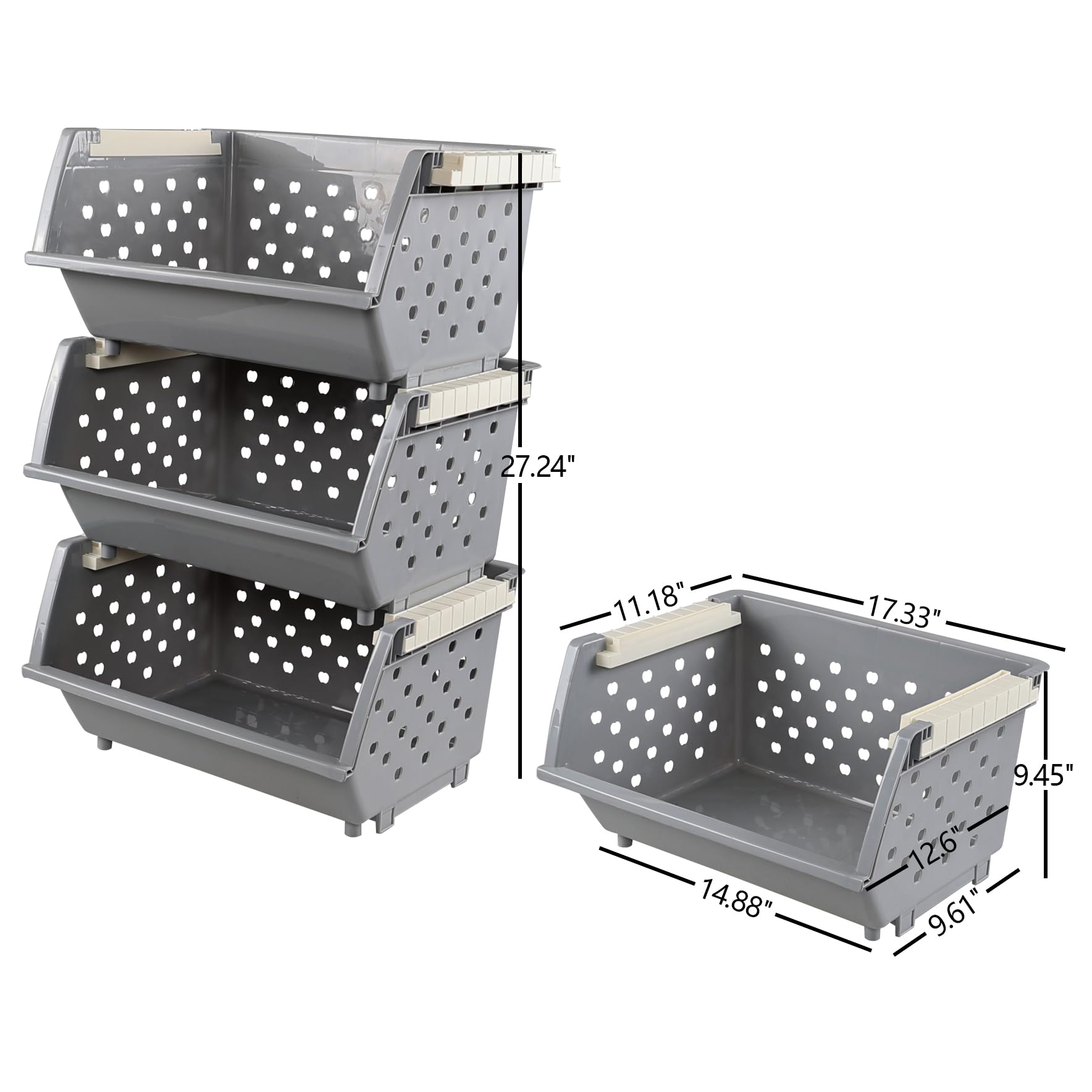 Ggbin 3 Tier Stackable Storage Baskets, Plastic Stacking Open Front Storage Bin, Grey