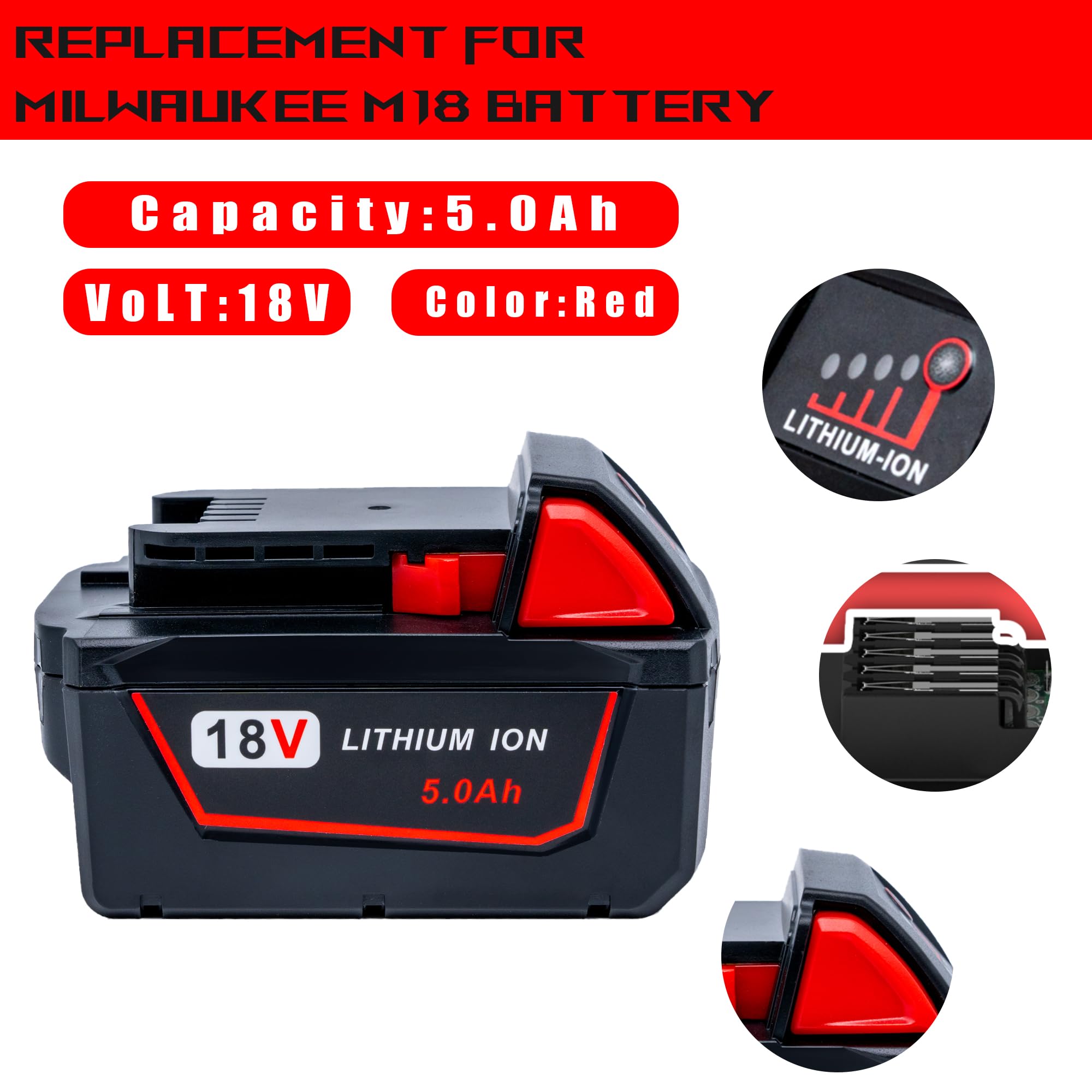 Cruruakku 2 Pack Replace Battery for Milwaukee M18 Battery 5.0ah and Charger Combo,Compatible with Milwaukee M18 Cordless Power Tools 18V Lithium Battery 48-11-1850 48-11-1840 48-11-1860