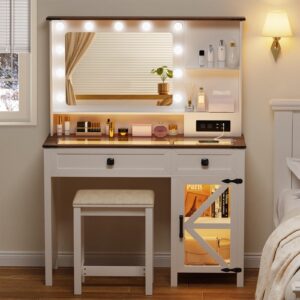 MIIFUNY Farmhouse Makeup Vanity Desk with Mirror and Lights, 42" Glass Top Vanity with Charging Station, Rustic Vanity Table Set with 2 Drawers & Shelves & Cabinet, Dressing Table for Bedroom, White