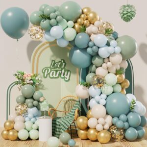 bonropin 172pcs dusty blue green balloon garland arch kit with haze fog blue ash mist sage green sand white gold confetti balloons for baby shower wedding bridal boho birthday party decorations