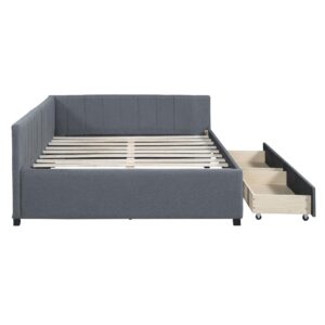 Harper & Bright Designs Full Size Upholstered Daybed with 2 Storage Drawers Sofa Bed Frame for Boys Girls Kids Adults Toddler No Box Spring Needed, Linen Fabric (Gray)