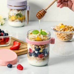 LANDNEOO 6 Pack Overnight Oats Containers with Lids and Spoons, 16 oz Glass Mason Overnight Oats Jars, Large Capacity Airtight Jars for Milk, Cereal, Fruit