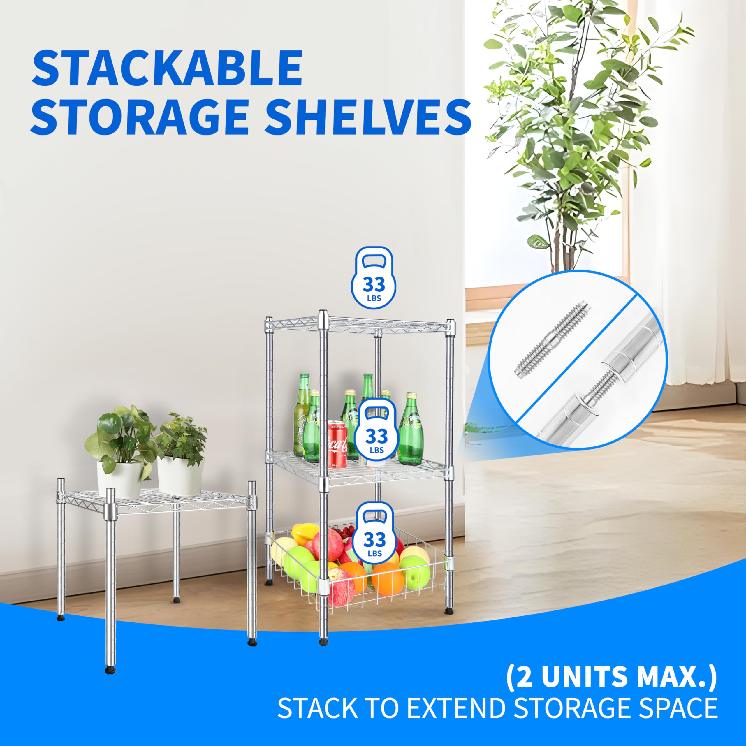 HealSmart Heavy Duty Shelving Unit, Wire Metal Stackable Storage, 1-Tier Shelf, Chrome, 15" W x 13.8" D x 15" H