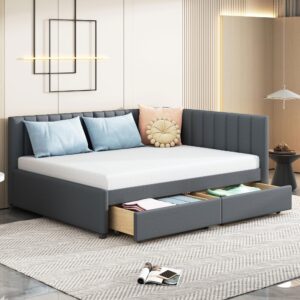 harper & bright designs full size upholstered daybed with 2 storage drawers sofa bed frame for boys girls kids adults toddler no box spring needed, linen fabric (gray)