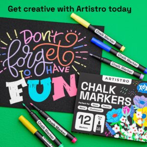 ARTISTRO Liquid Chalk Markers Pre-Activated, Liquid Chalk Markers Erasable Chalk Markers for Glass or First Day of School Sign, Chalkboard Markers with White Chalk for Kids & Adults (Fine Tip, 12)