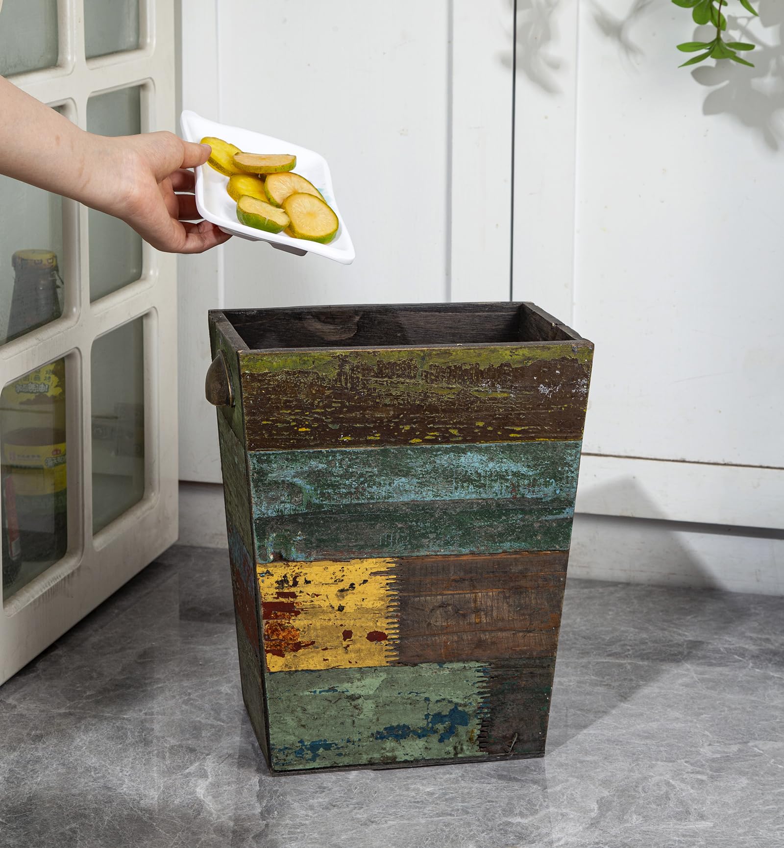 TIMRIS Small Wood Trash Can Wastebasket, Farmhouse Rectangular Garbage Can Waste Basket, Rustic Distressed Boho Wooden Trash Recycling Bin with Metal Handles, Reclaimed Wood Storage Basket (Random)