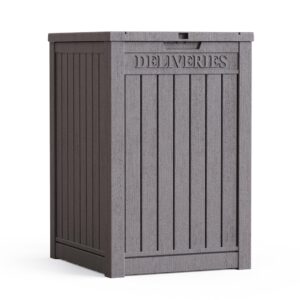 tpsoum 48 gallon resin package delivery box with lockable lid, rust & moisture resistant weatherproof deck box for porches, patios, indoor & outdoor use