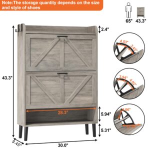 HOMEFORT Shoe Storage Cabinet for Entryway, Slim Shoe Organizer with Two Flip Drawers, Narrow Shoe Rack Cabinet with Wood Legs, Farmhouse Hidden Shoe Cabinet for Foyer, Front Door Entrance,Washed Gray