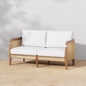 nathan james twila bohemian outdoor loveseat, rattan patio sofa with solid wood frame, light acacia