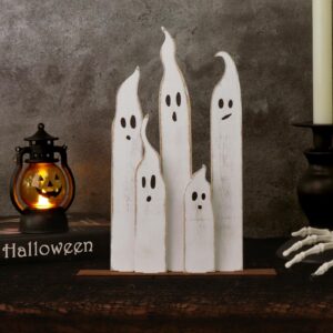 halloween table decorations indoor: farmhouse halloween cute ghost decorations, slender white ghosts wood plank signs set, rustic tiered tray decor wooden ghost desk office decor for home kids