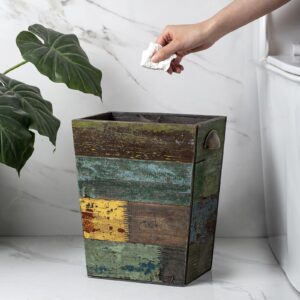 TIMRIS Small Wood Trash Can Wastebasket, Farmhouse Rectangular Garbage Can Waste Basket, Rustic Distressed Boho Wooden Trash Recycling Bin with Metal Handles, Reclaimed Wood Storage Basket (Random)