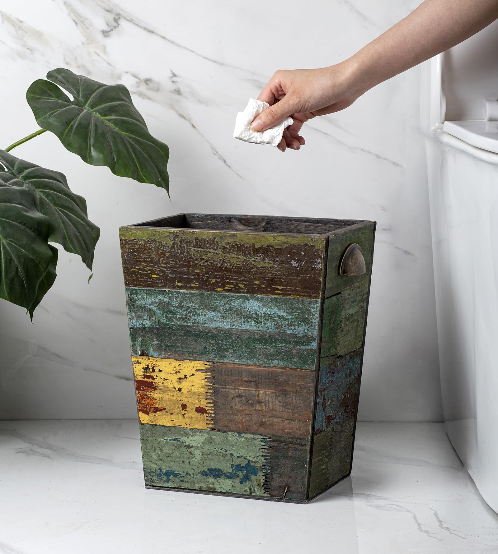 TIMRIS Small Wood Trash Can Wastebasket, Farmhouse Rectangular Garbage Can Waste Basket, Rustic Distressed Boho Wooden Trash Recycling Bin with Metal Handles, Reclaimed Wood Storage Basket (Random)