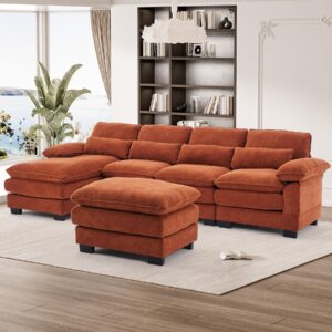 ouyessir 114" u shape sectional sofa cloud couch for living room, upholstery comfy modular sofa, 4 seat chenille l-shaped sleeper sofa with chaise lounge, ottoman & pillows,orange