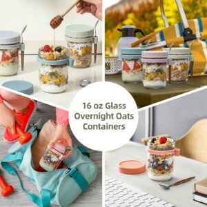 LANDNEOO 6 Pack Overnight Oats Containers with Lids and Spoons, 16 oz Glass Mason Overnight Oats Jars, Large Capacity Airtight Jars for Milk, Cereal, Fruit