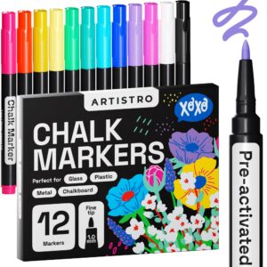 artistro liquid chalk markers pre-activated, liquid chalk markers erasable chalk markers for glass or first day of school sign, chalkboard markers with white chalk for kids & adults (fine tip, 12)