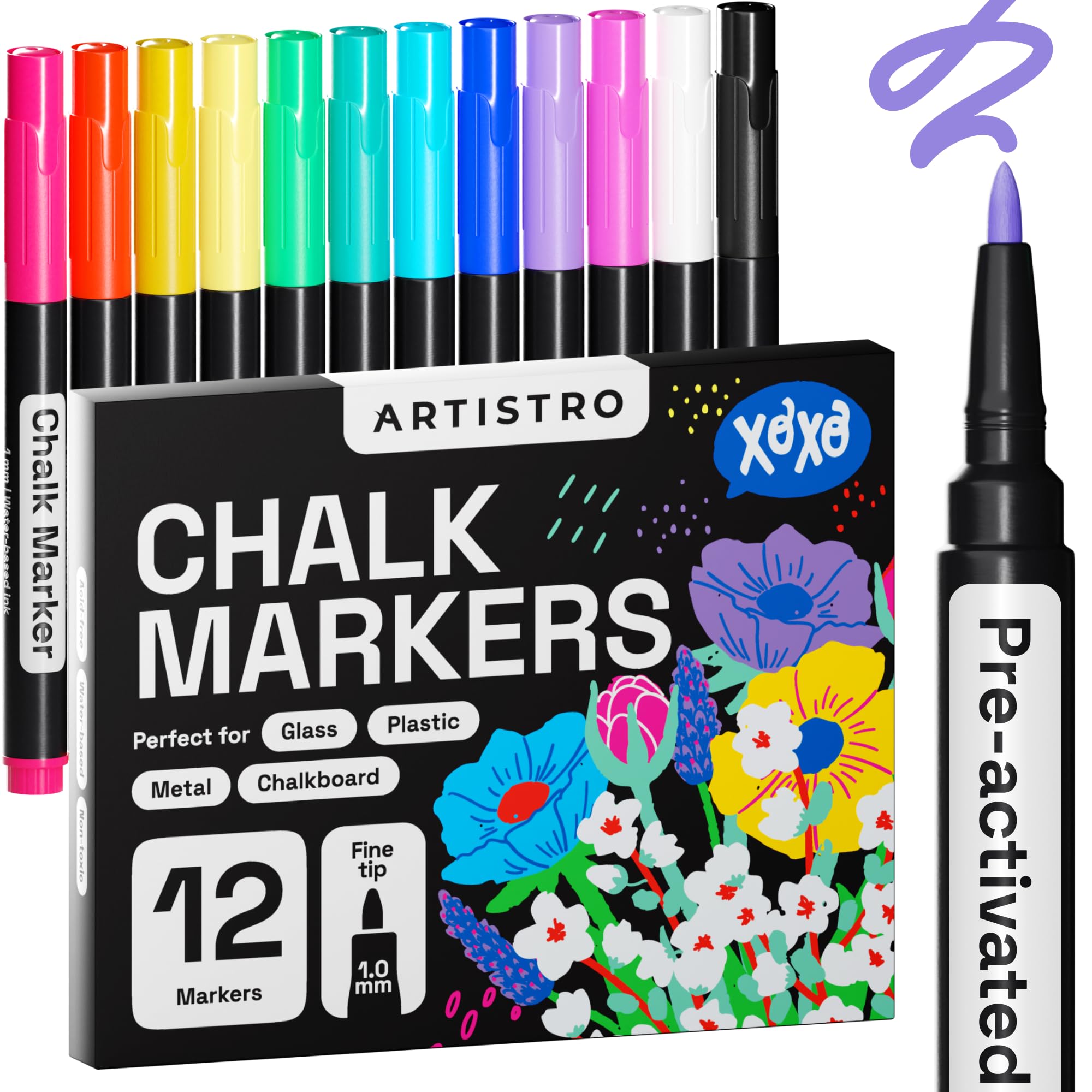 ARTISTRO Liquid Chalk Markers Pre-Activated, Liquid Chalk Markers Erasable Chalk Markers for Glass or First Day of School Sign, Chalkboard Markers with White Chalk for Kids & Adults (Fine Tip, 12)