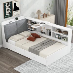 vilrocaz twin size platform bed with l-shaped storage shelves and upholstered headboard, solid wood daybed frame with 2 drawers and rotatable storage board, maximize space (white-25)