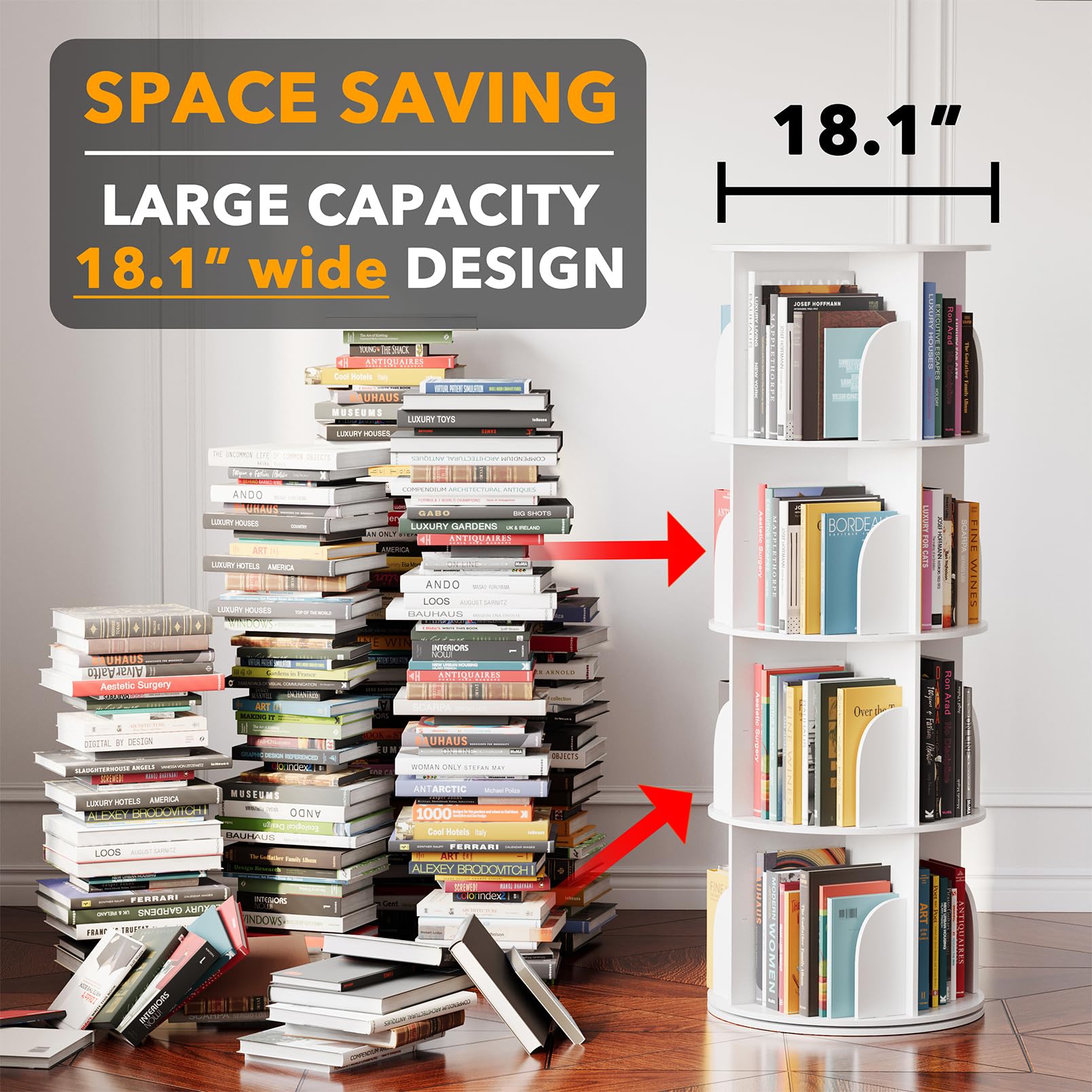 SpaceAid 4 Tier Rotating Bookshelf Tower, Spinning Bookcase Lazy Susan, Revolving 360 Book Shelf Storage Round Carousel, Vertical Rotate Turning Spiral Corner Organizer, White